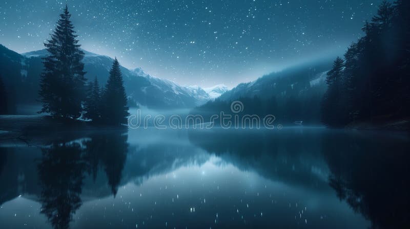 Lake Surrounded by Mountains Under a Starry Night Sky Stock Photo ...
