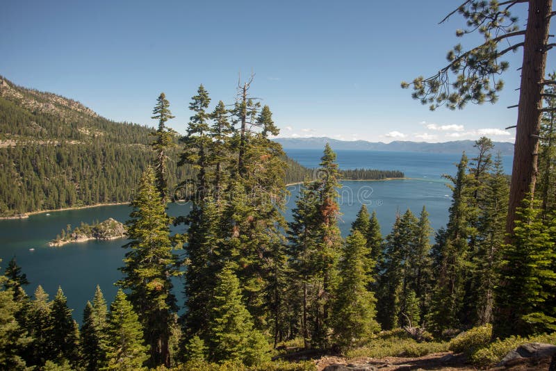 Lake Tahoe through Trees stock image. Image of lake, california - 88929403