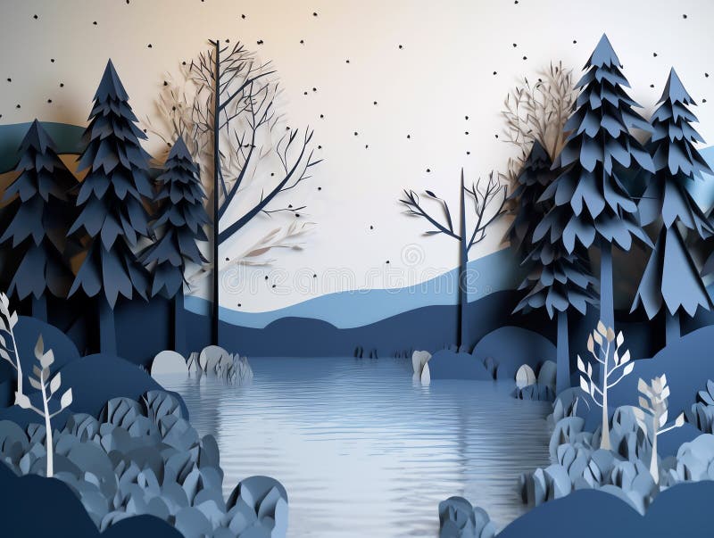 A Lake with Torn Paper Layers for the Water and Trees Stock ...