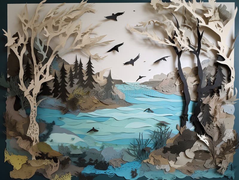 A Lake with Torn Paper Layers for the Water and Trees Stock ...