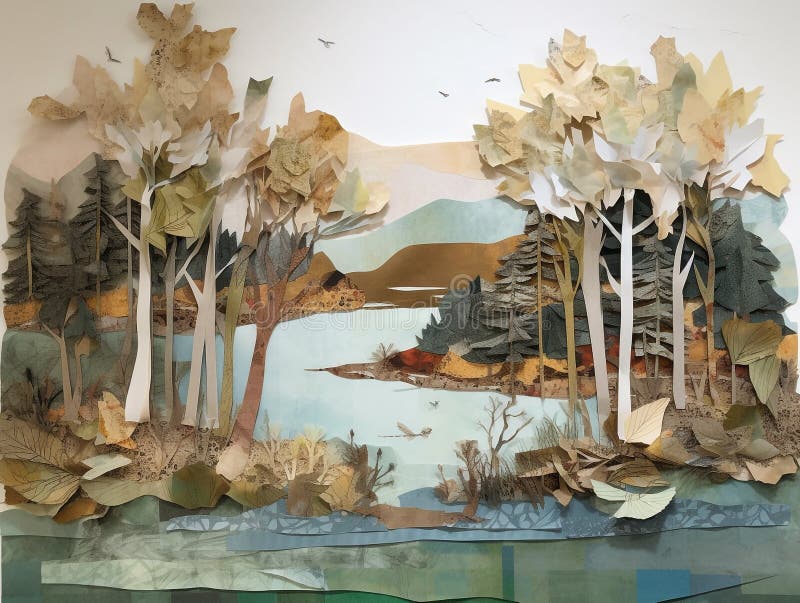 A Lake with Torn Paper Layers for the Water and Trees Stock ...