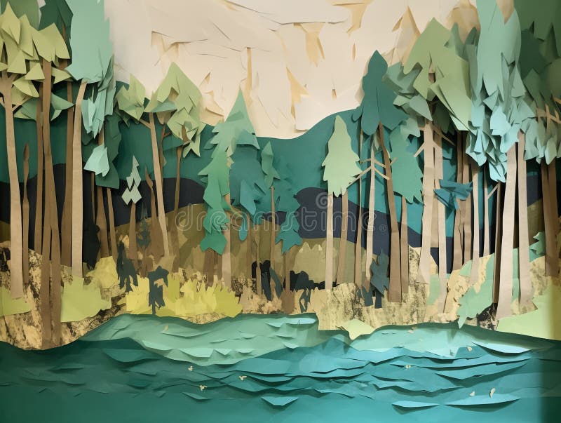 A Lake with Torn Paper Layers for the Water and Trees Stock ...