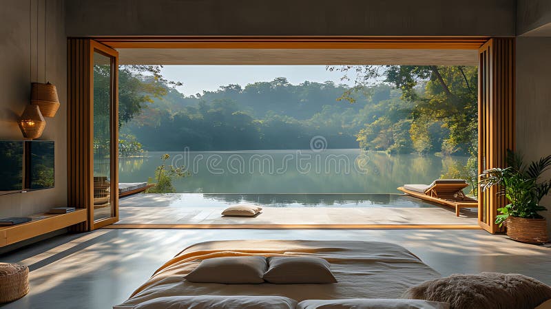 Lake View Bedroom Sunrise Infinity Pool Stock Illustration ...
