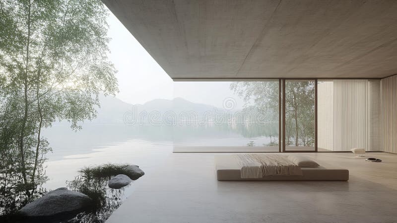 Lake View Modern Home, Minimalist Interior Design Stock Illustration ...
