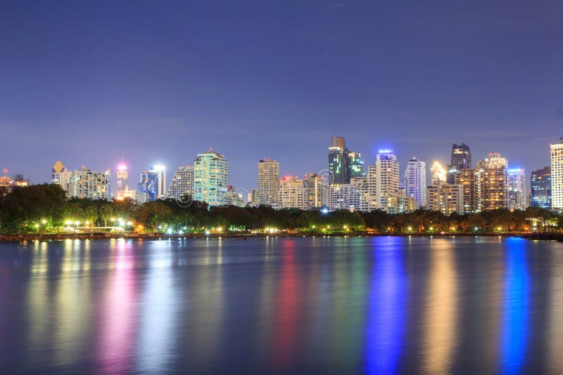 Lake View with Reflections of the City Stock Photo - Image of business ...