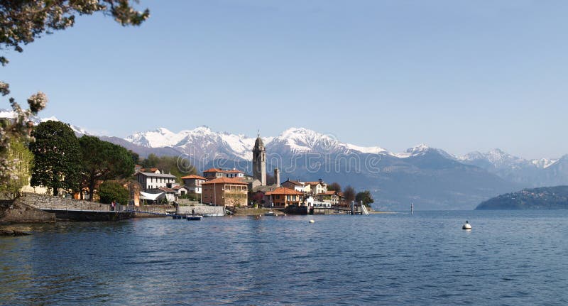 The Lake and the Village of Cremia Stock Image - Image of blue, house ...