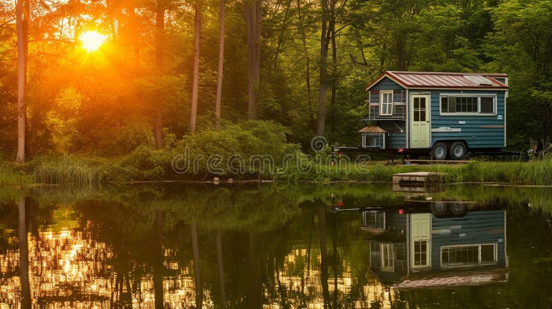 Lake with Vintage Tiny House in a Sunset Forest Environment. 3d ...