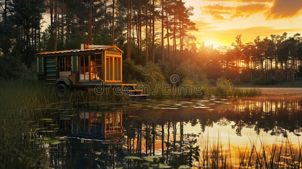 Lake with Vintage Tiny House in a Sunset Forest Environment. 3d ...