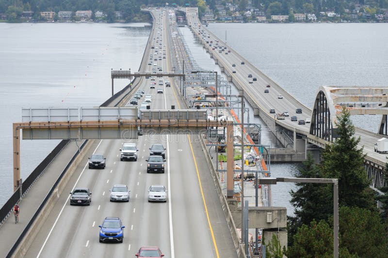 Lake Washington Floating Bridge with Westbound Traffic on Interstate 90 ...