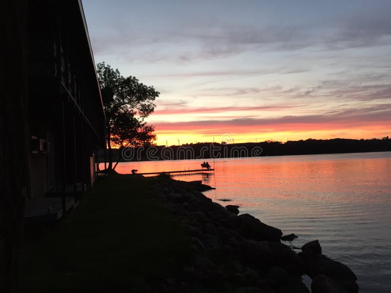 Lake Water Dock Sunset Night Dusk Clouds Stock Image - Image of dock ...