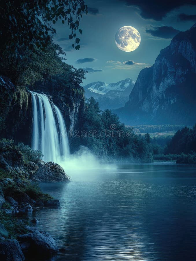 Lake Waterfall at Night stock image. Image of shimmering - 378937955