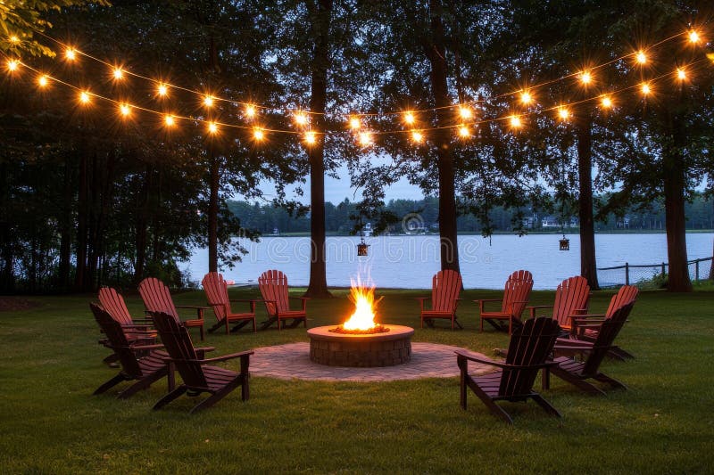 On the Lake Waterfront, Stone Firepit with Chairs and Light Strands ...