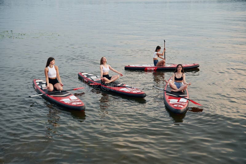 In the Lake. Young Women are on Sup Boards Stock Photo - Image of ...