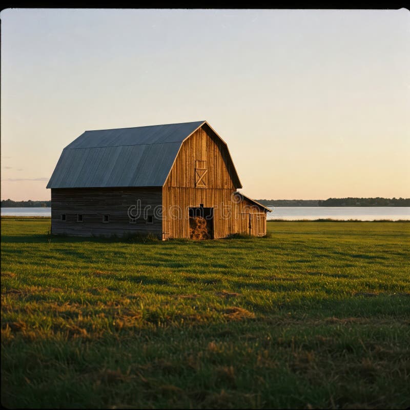 Lakefront Barn in Warm Evening Light Stock Illustration - Illustration ...