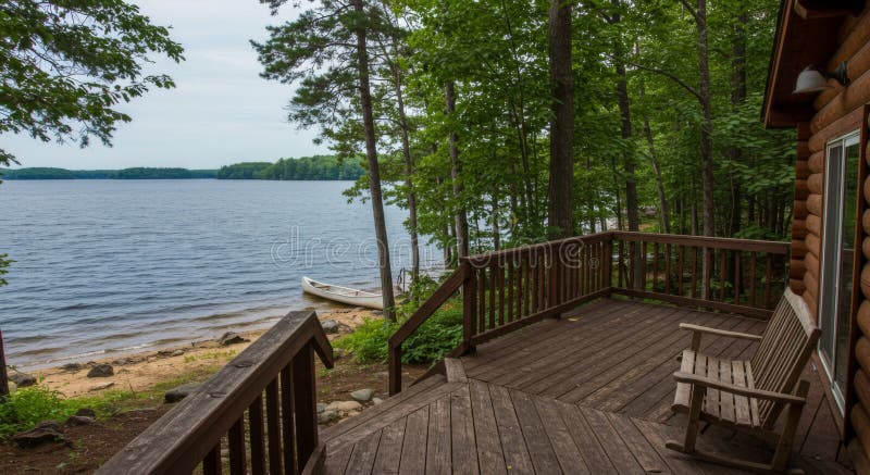 Lakefront Cabin Deck View with Wooden Railing Stock Illustration ...