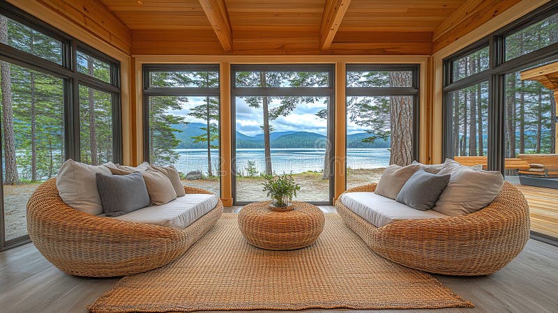 Lakefront Living Room with Wrap-around Views Stock Illustration ...