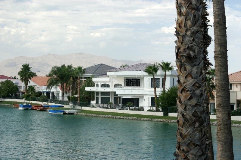 Lakefront Mansions with Water View Stock Image - Image of palm, estate ...