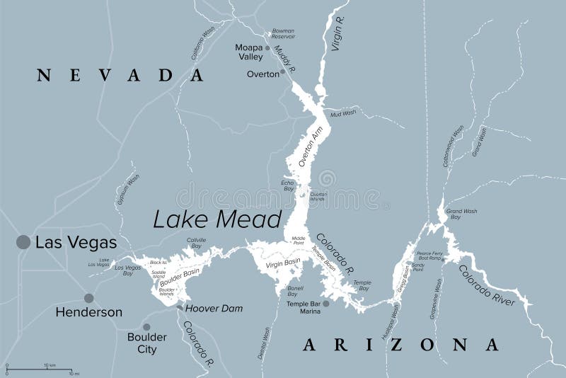 Lake Mead Map, Largest U.S. Reservoir Formed by Hoover Dam, Gray ...