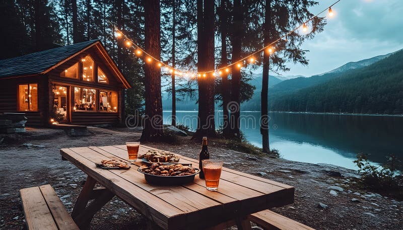 Lakeside Cabin Dinner stock illustration. Illustration of tourism ...