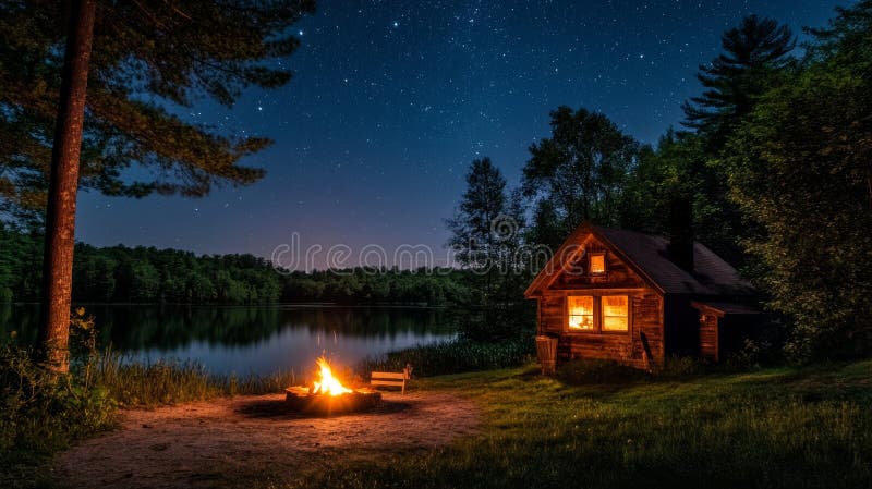 A Lakeside Cabin with Warm Lighting and a Roaring Fire on a Cold ...