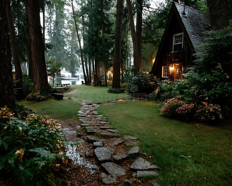 Lakeside Cabin in the Woods, Rainy Evening Stock Image - Image of ...