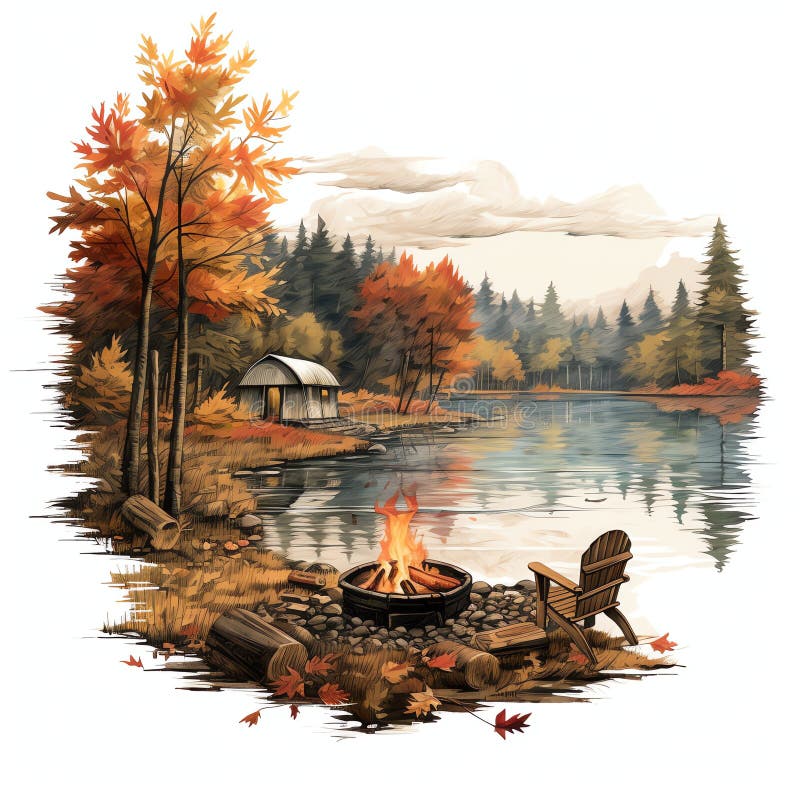 Lakeside Campfire Autumn Fall Watercolor Illustration Stock ...