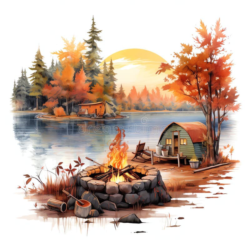 Lakeside Campfire Autumn Fall Watercolor Illustration Stock ...