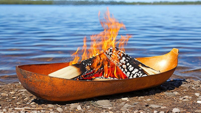 Lakeside Campfire in Rustic Boat-shaped Fire Pit Stock Image - Image of ...