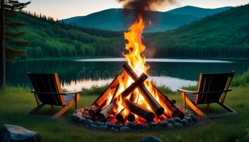 Lakeside Campfire at Twilight Stock Photo - Image of peaceful, dusk ...