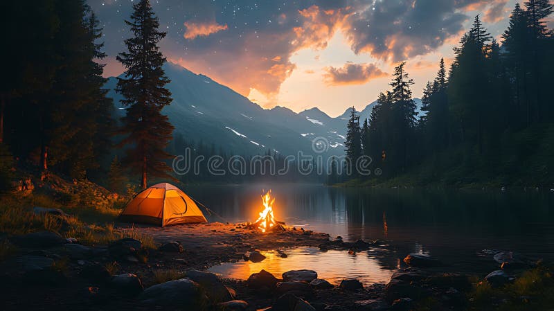 Lakeside Camping Fire Sunset Mountain Stock Illustration - Illustration ...