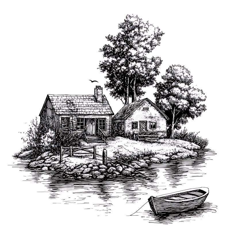 Lakeside Cottage Trees Boat and Rocks Stock Illustration - Illustration ...