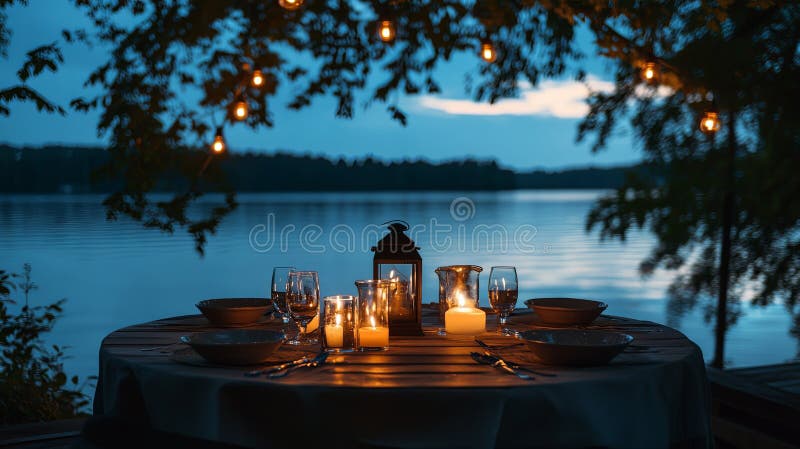 Lakeside Dinner with Candles and a Peaceful View.. Stock Photo - Image ...