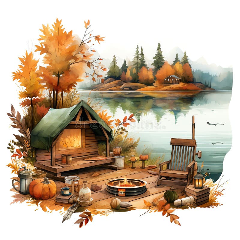 Lakeside Discovery Autumn Fall Watercolor Illustration Stock ...