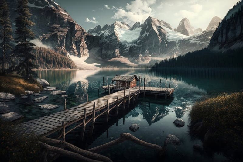 Lakeside Dock with Majestic Mountain Backdrop a Serene Landscape. AI ...