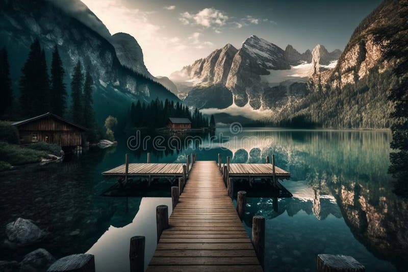 Lakeside Dock with Majestic Mountain Backdrop a Serene Landscape. AI ...