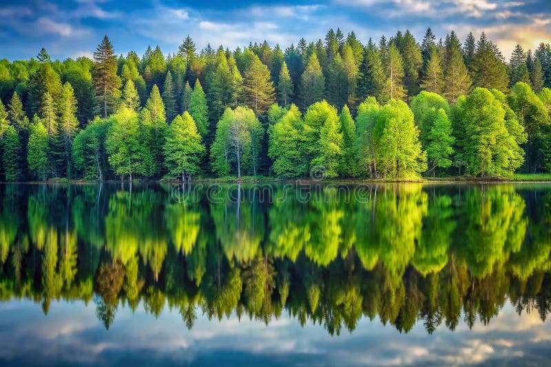 Lakeside Forest Reflection Tranquil Morning Stock Illustration ...