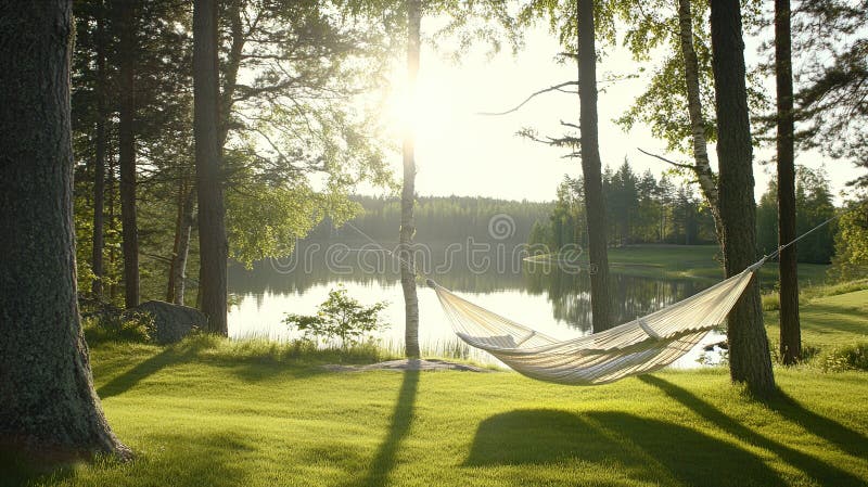 Lakeside Hammock Relaxation, Sunset Forest Scene, Summer Calm Stock ...