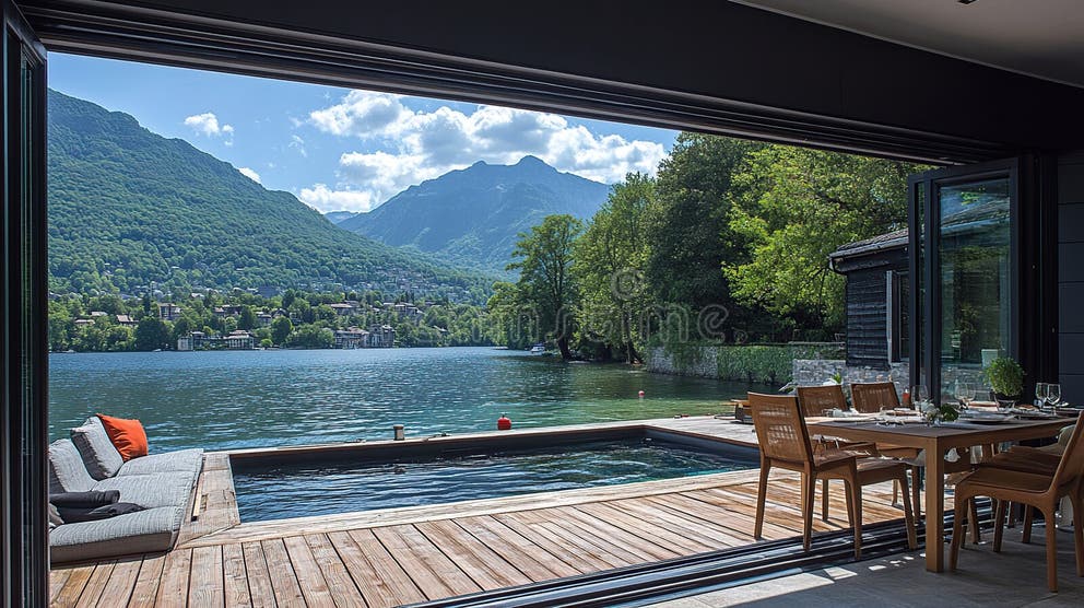 Lakeside Luxury Pool Deck with Panoramic Mountain Views Stock ...