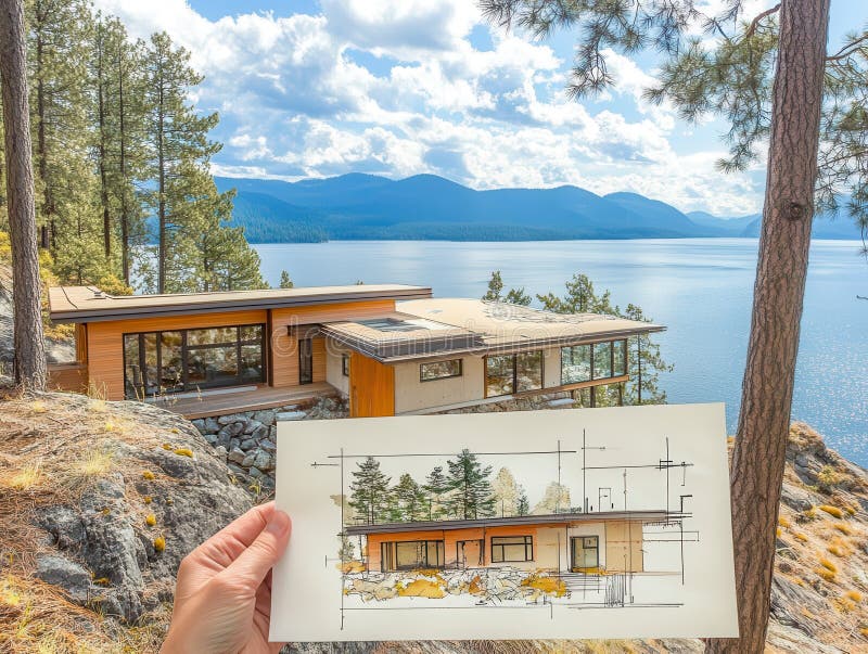 Lakeside Modern Home Design and Construction Stock Illustration ...