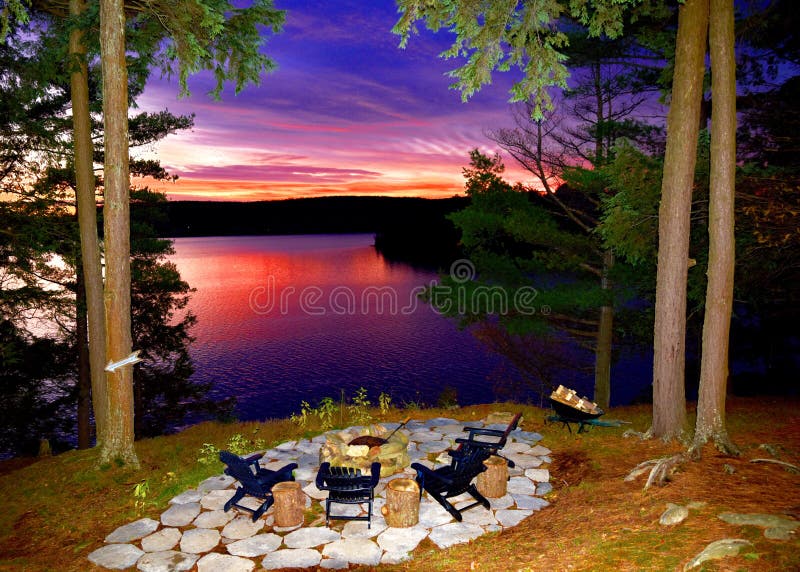 Lakeside overview stock image. Image of sunset, firepit - 80294853