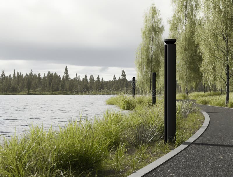 Lakeside Path with Modern Lighting Stock Image - Image of lamp, path ...