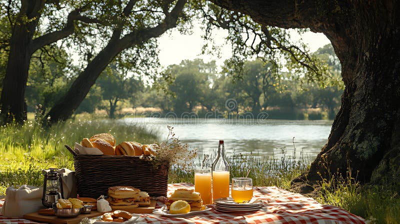 Lakeside Picnic Basket Lunch Under Trees Stock Illustration ...
