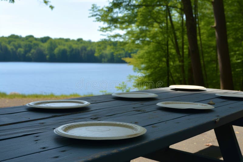 Lakeside Picnic Table with Empty Plates Stock Image - Image of picnic ...
