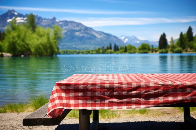 Lakeside Picnic Table with a Red Checkered Cloth Stock Photo - Image of ...
