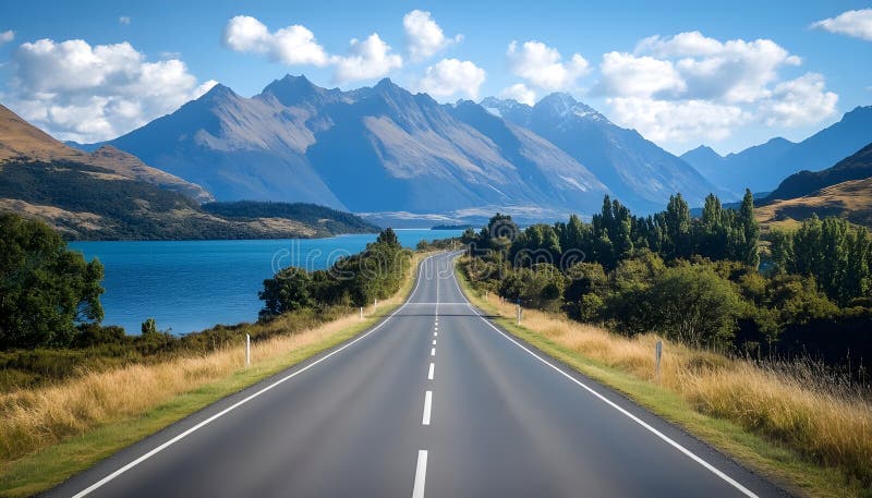 Lakeside Road with Mountain View Stock Image - Image of reflection ...