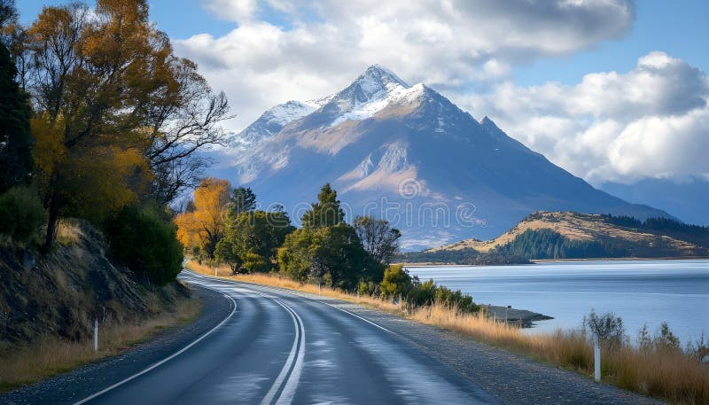 Lakeside Road with Mountain View Stock Photo - Image of route, openroad ...