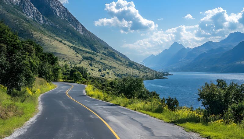 Lakeside Road with Mountain View Stock Photo - Image of scenic, outdoor ...