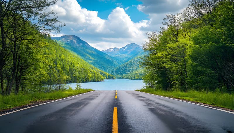 Lakeside Road with Mountain View Stock Image - Image of reflection ...