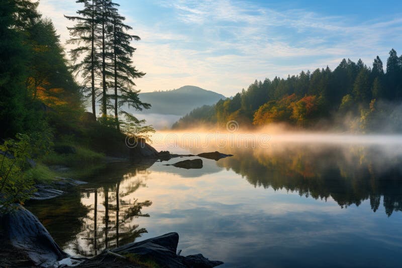 Lakeside Scene with Mist Over the Water, Ai Generated Stock Image ...