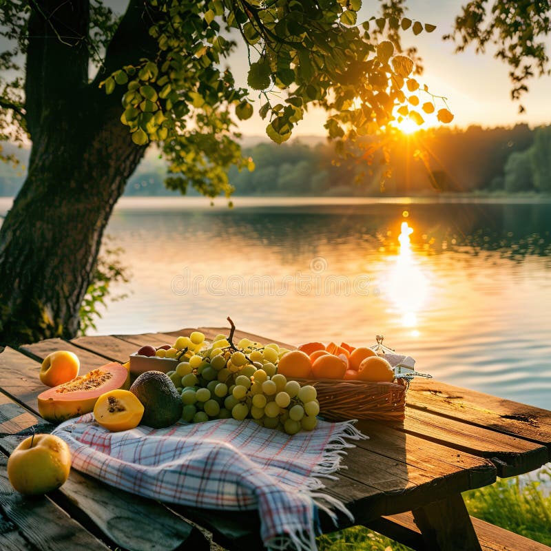 Lakeside Sunrise Picnic with Fruit Basket Stock Photo - Image of ...
